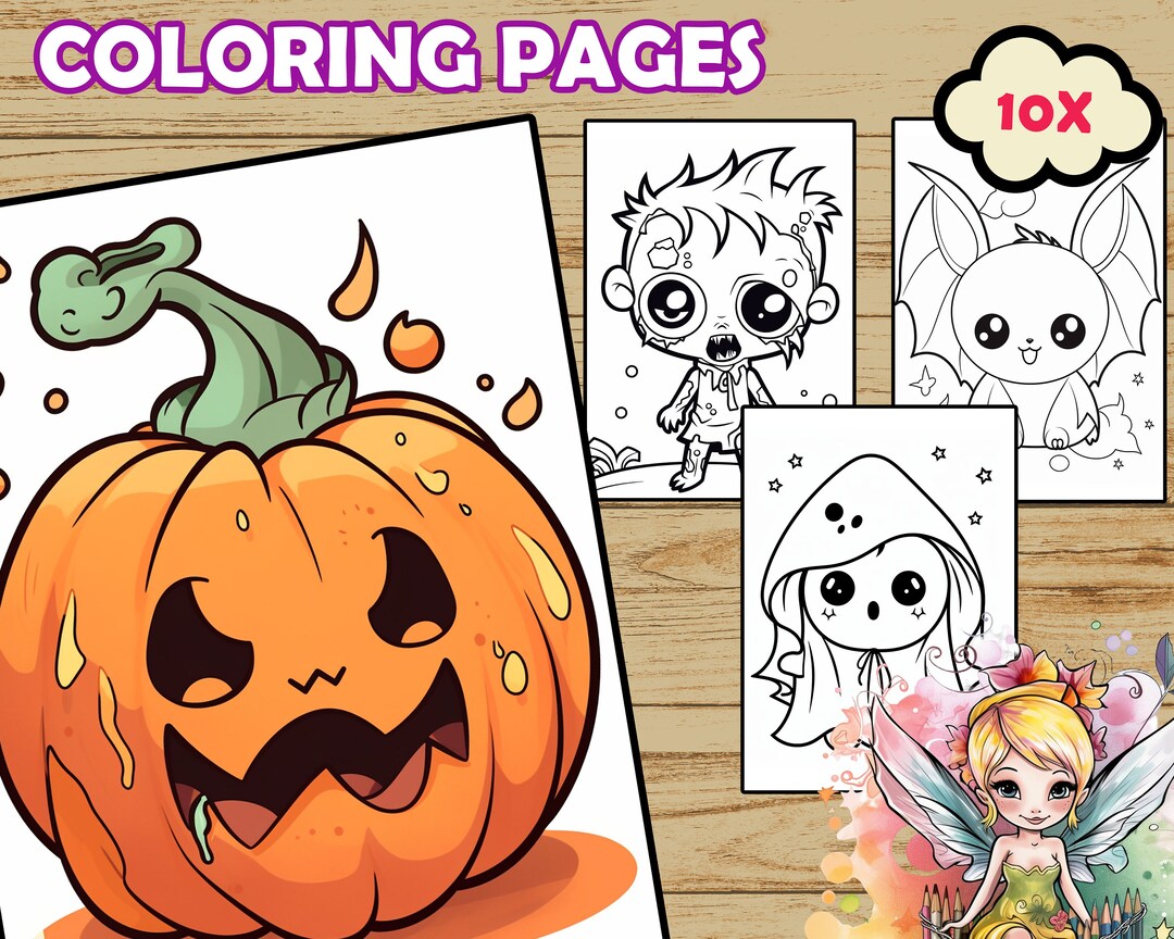 10 X Kawaii Halloween Coloring Pages Digital Download Horror Cute ...