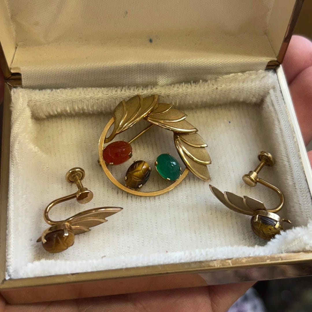 Vtg Burt Cassell Gold Filled Scarab Egyptian Style Brooch and Earrings ...