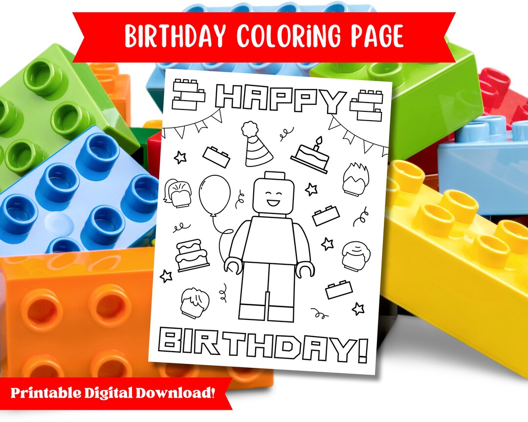 Building Block Birthday Coloring Page, Toy Brick Party Activity Sheet ...