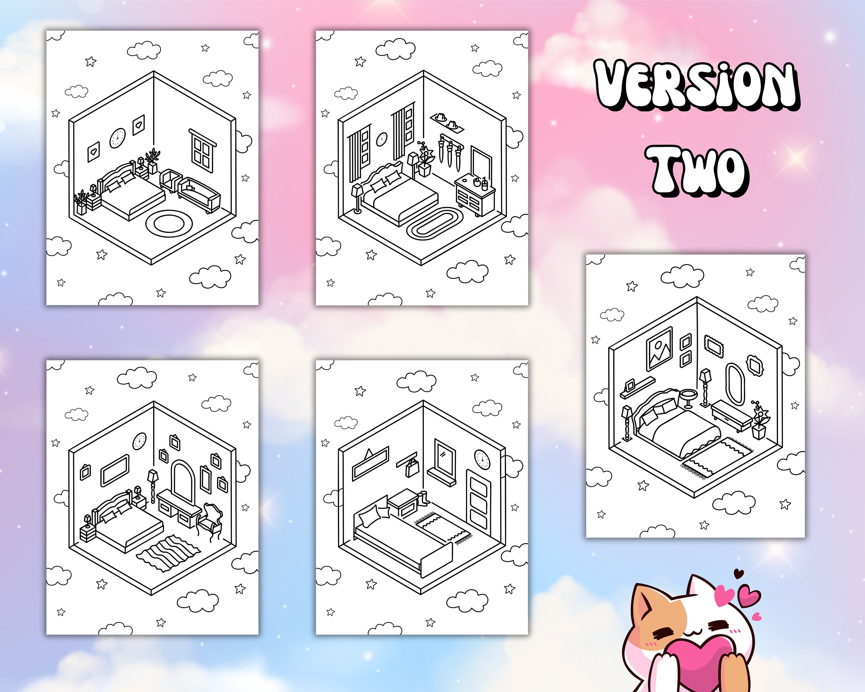 Pocket Room Coloring Pages, Isometric and Minimalist, Cute Printable ...