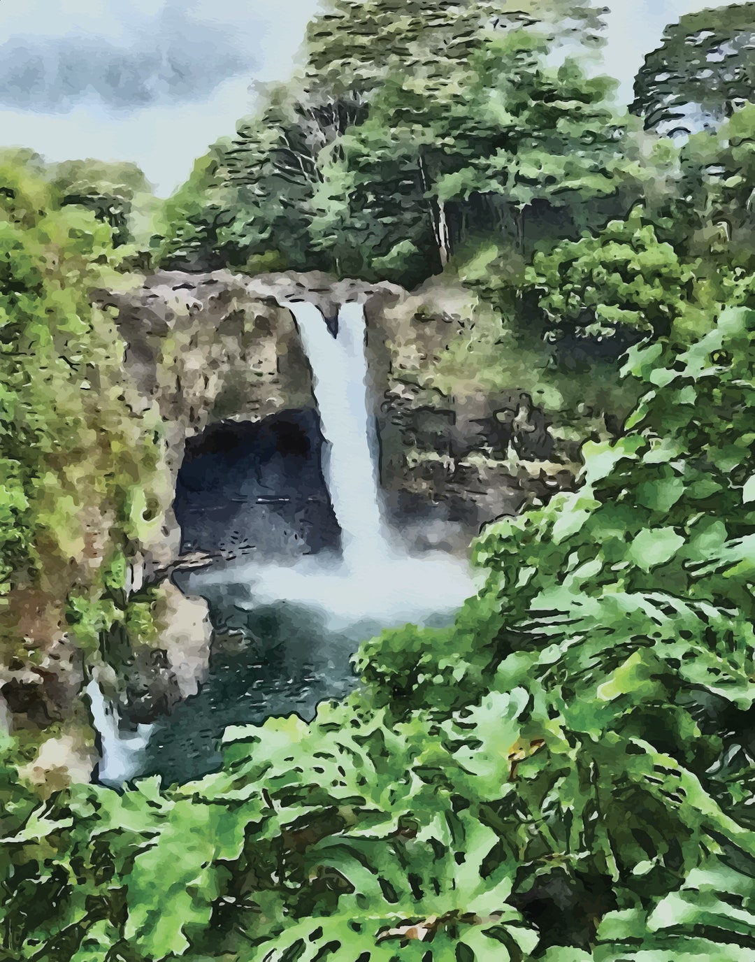 Waterfall Watercolor Art of Hilo Hawaii Rainbow Falls - Etsy