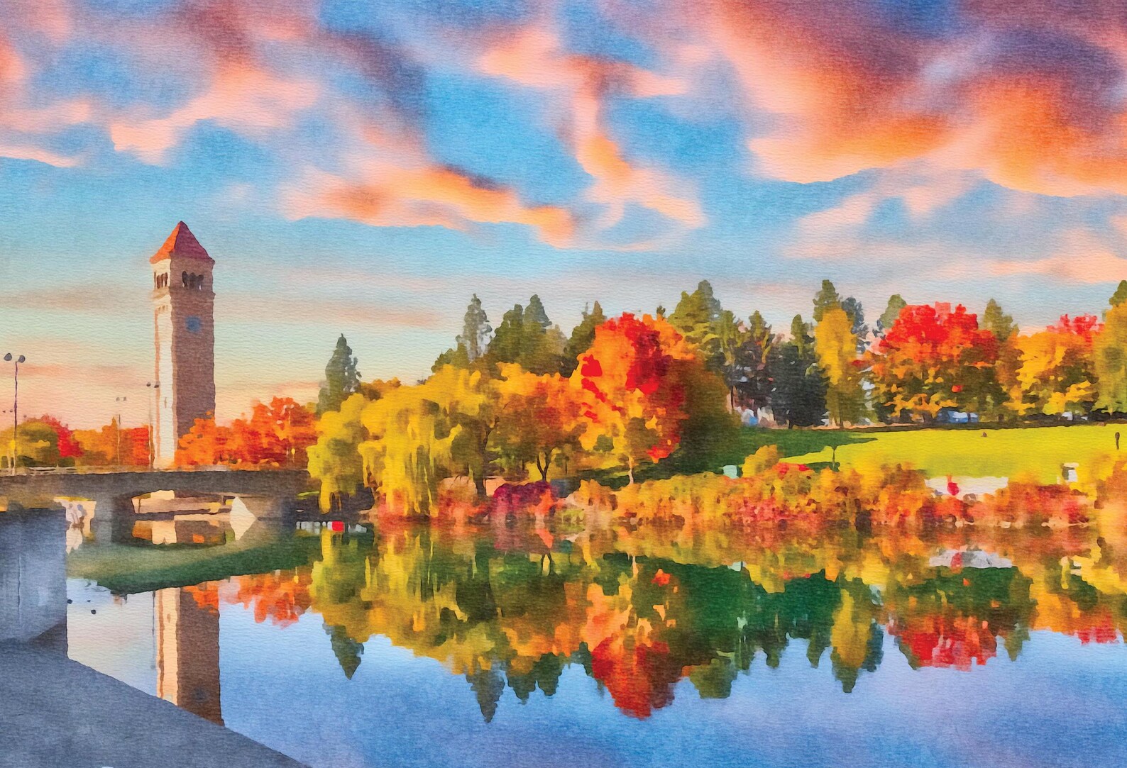 Downtown Spokane Washington Watercolor Art Riverfront Park River and ...