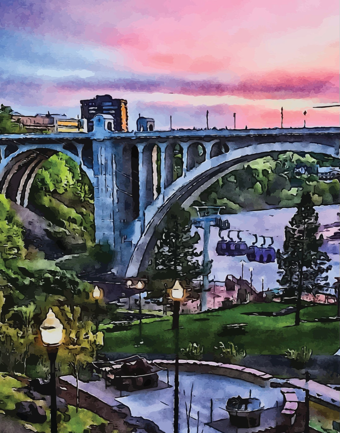 Downtown Spokane Washington Bridge Watercolor Art Sunset - Etsy
