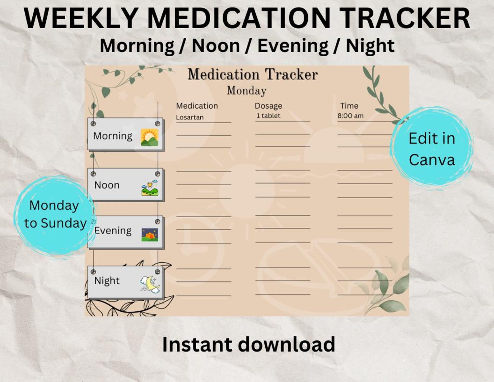 Weekly Medication Tracker, Printable Medication Schedule, Morning Noon ...