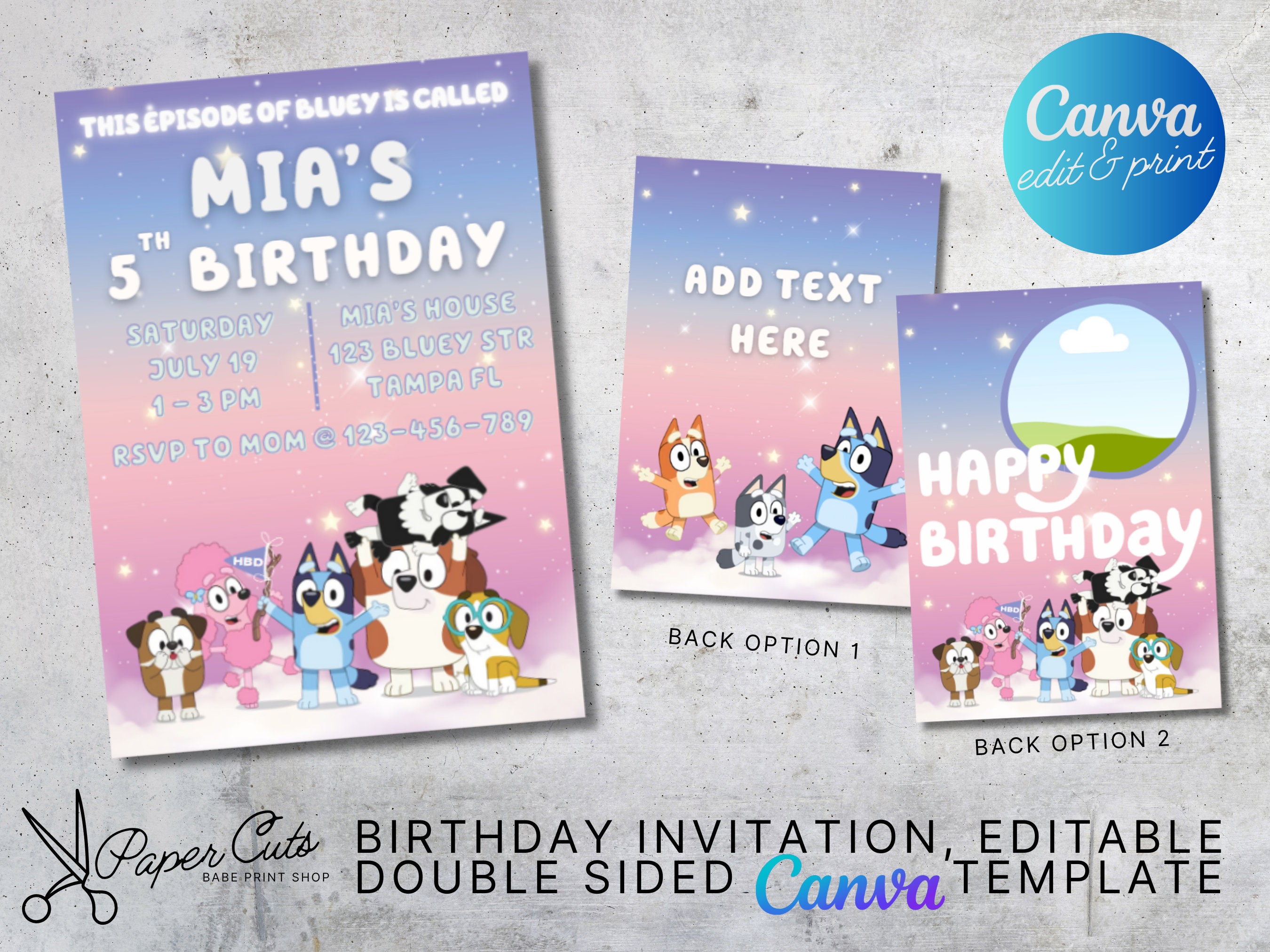 Invitation Canva Template Editable | Bluey Dog Blue Daisy Rainbow Kids ...