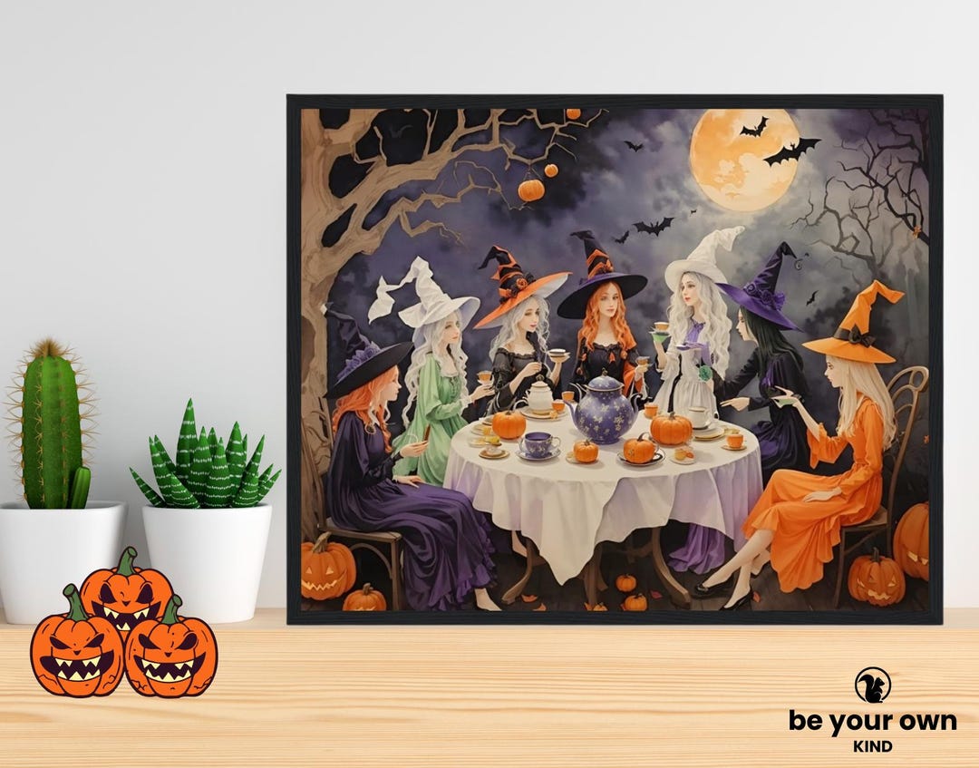 Enchanting Halloween Witch Tea Party Art Print Spooky Decor for Witch ...