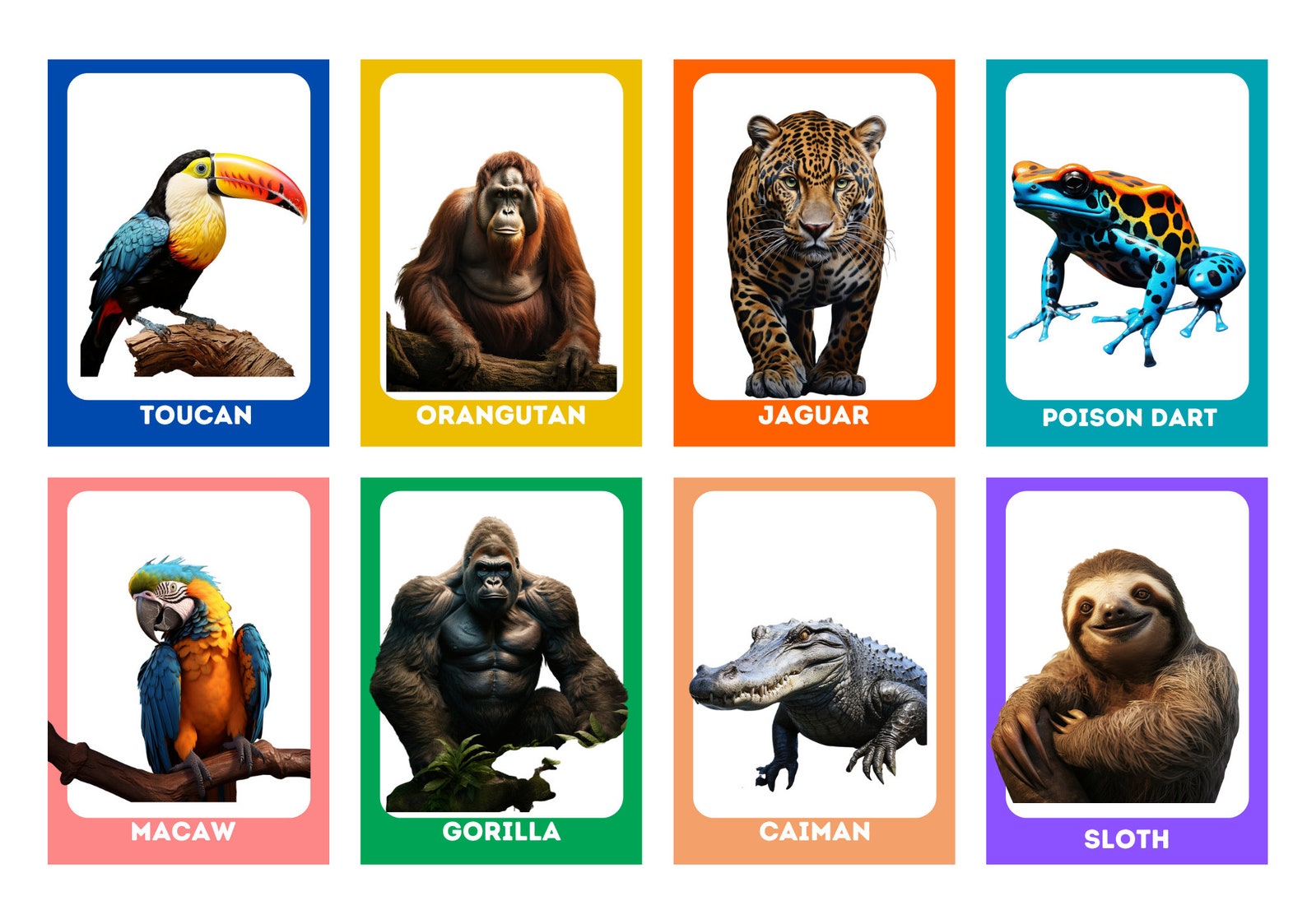 8 Rainforest Animals Flashcards Included With 2 Free Animal Coloring Pages | Learning Cards ...