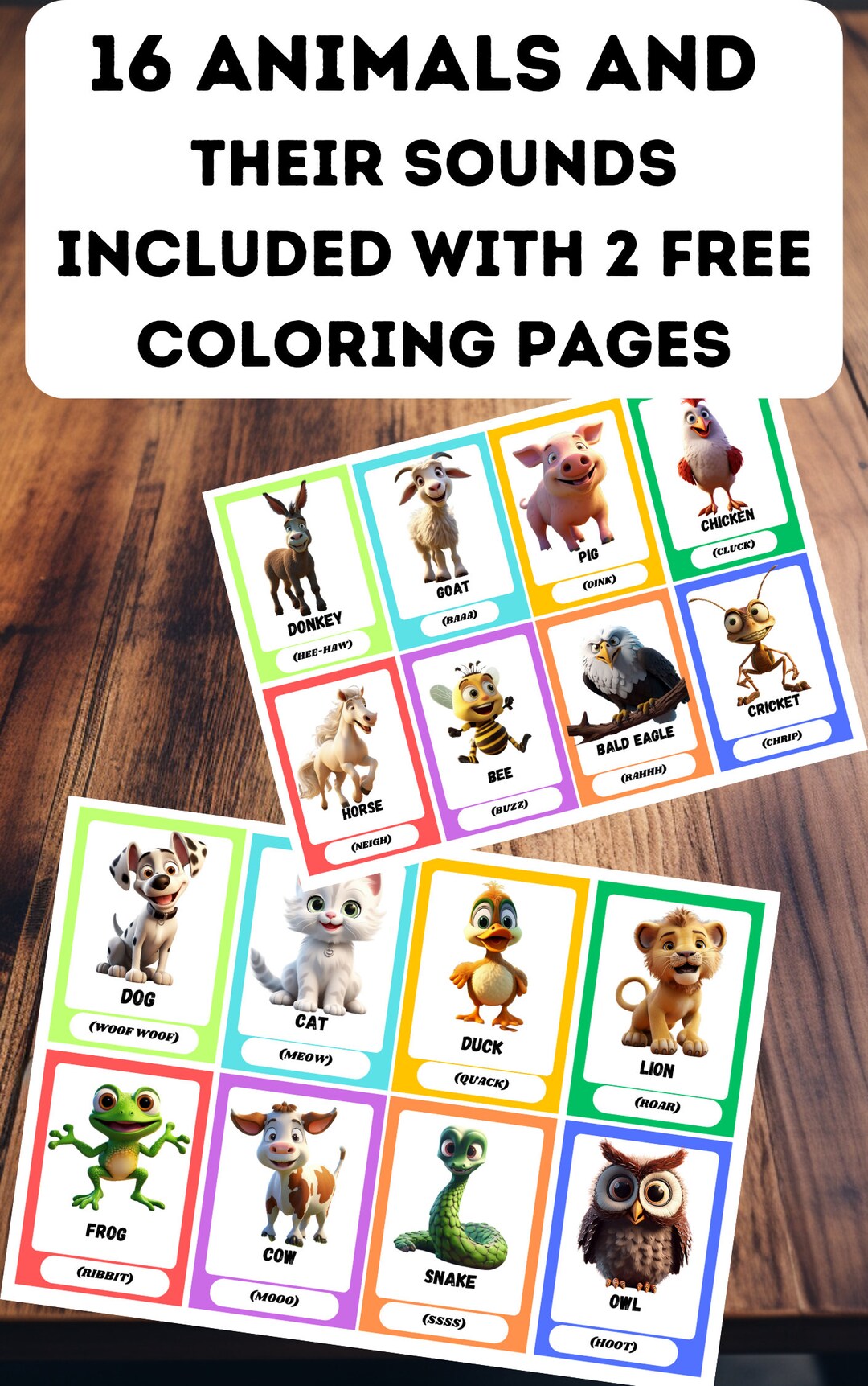 16 Animals and Sounds Cards Included With 2 Free Animal Coloring Pages ...