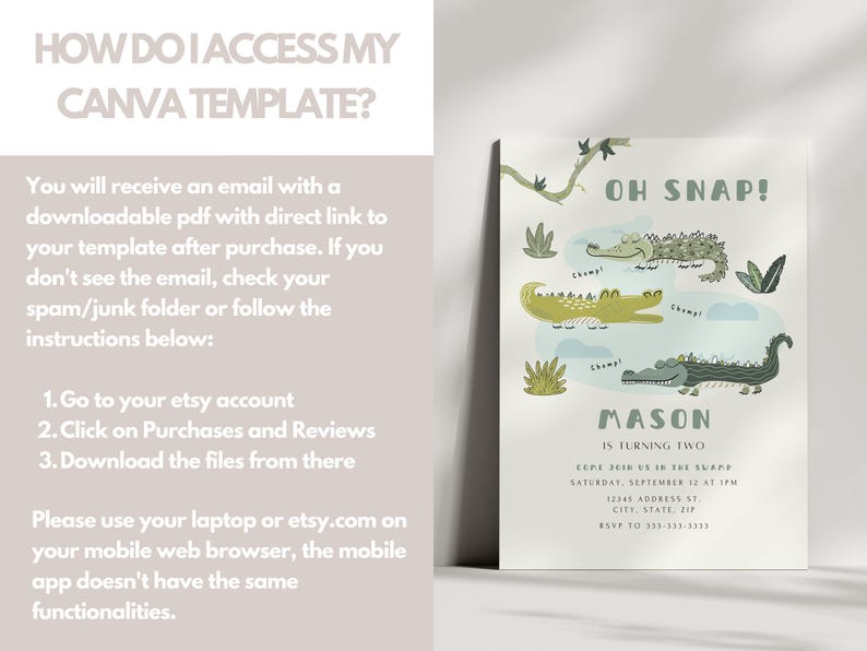 Alligator Birthday Invitation: Swamp Crocodile Party, Editable Canva ...
