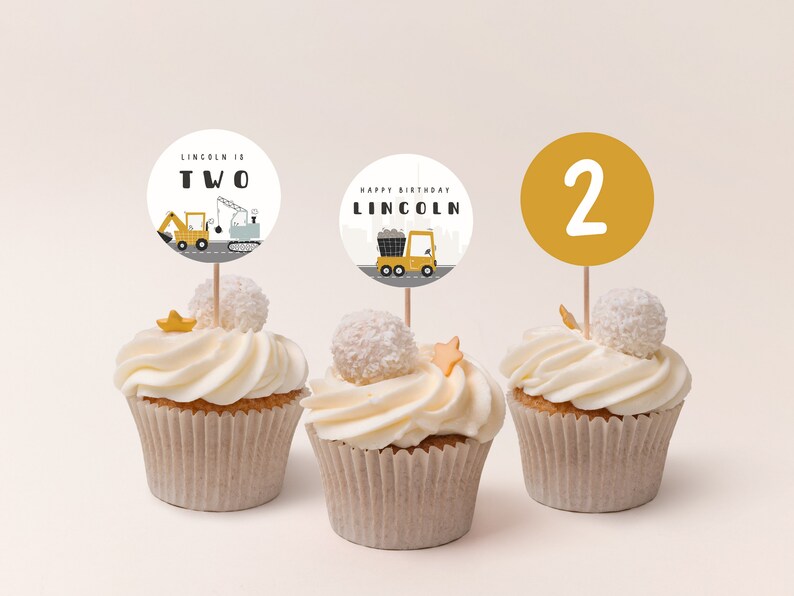 Editable Construction Trucks Birthday Cupcake Toppers, Dump Truck Canva ...