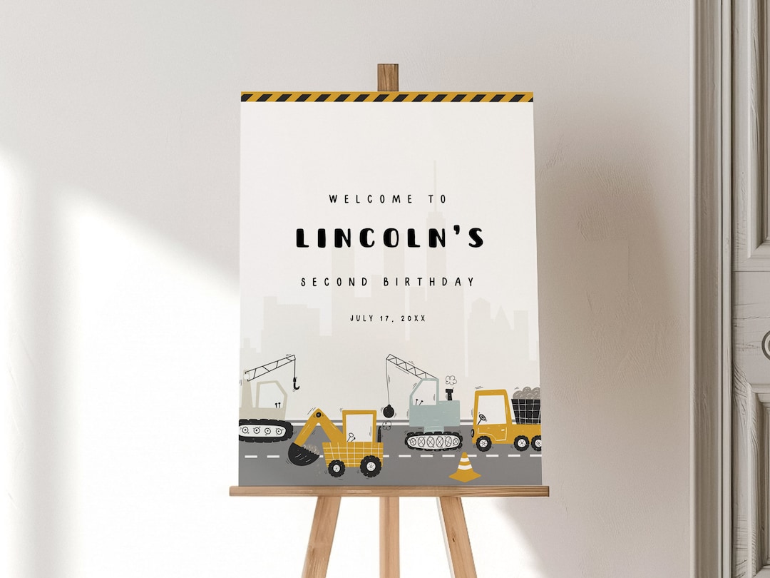 Editable Construction Trucks Birthday Welcome Sign, Dump Trucks Canva ...