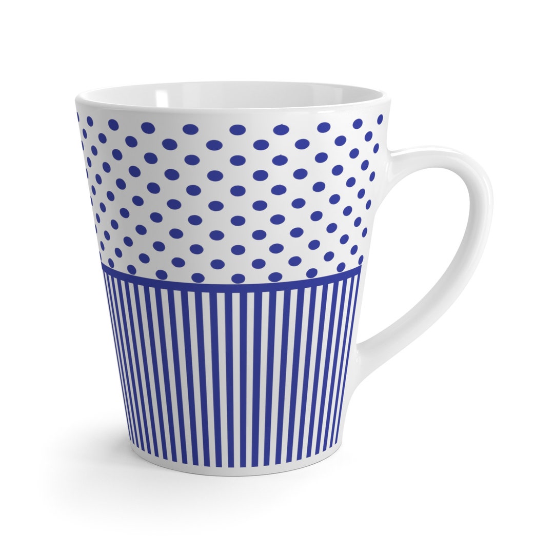 Blue and White Vintage Style Stripe and Polka Dot Latte Ceramic Cup ...