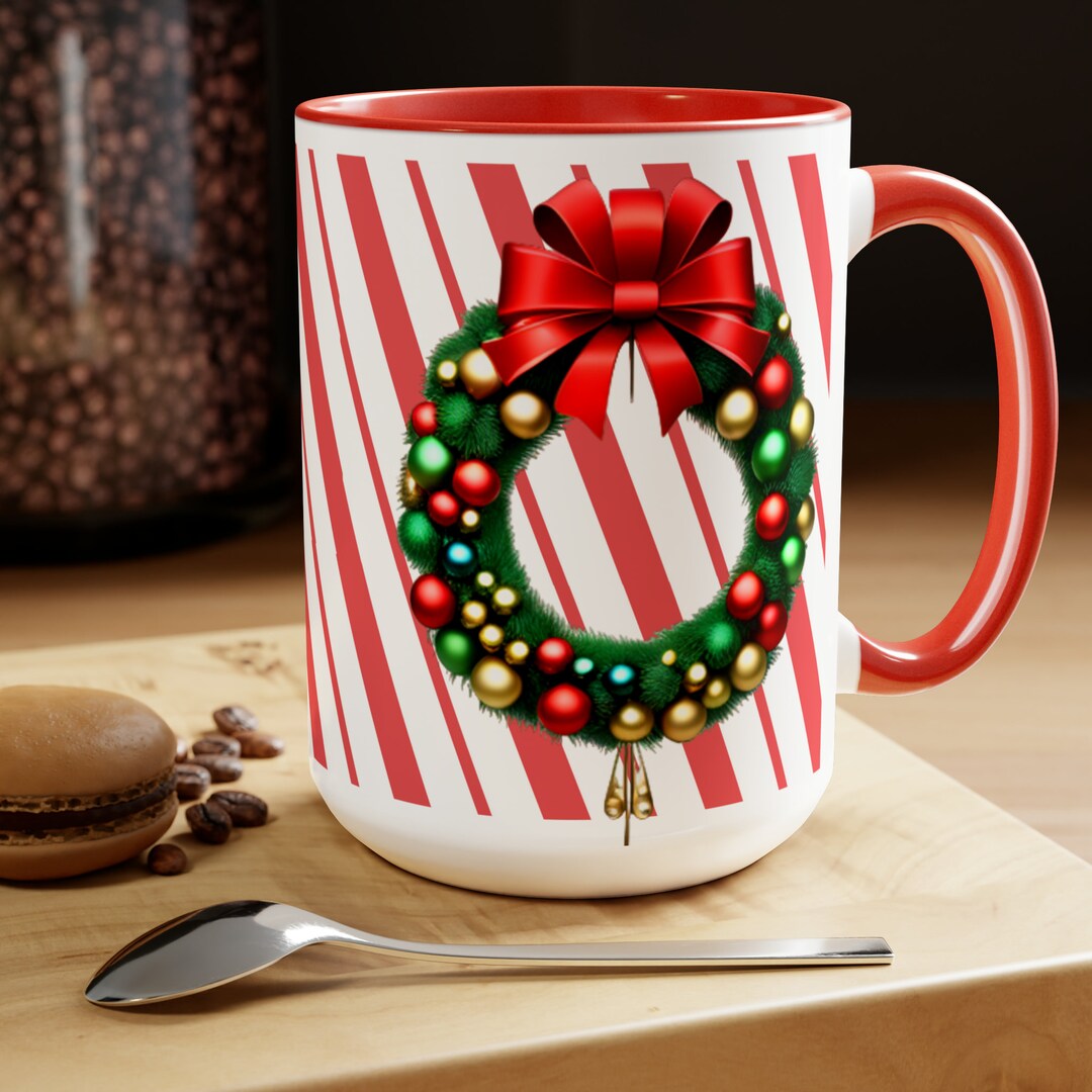 Red Candy Cane Christmas Wreath Coffee Mugs 15oz. Red Striped ...