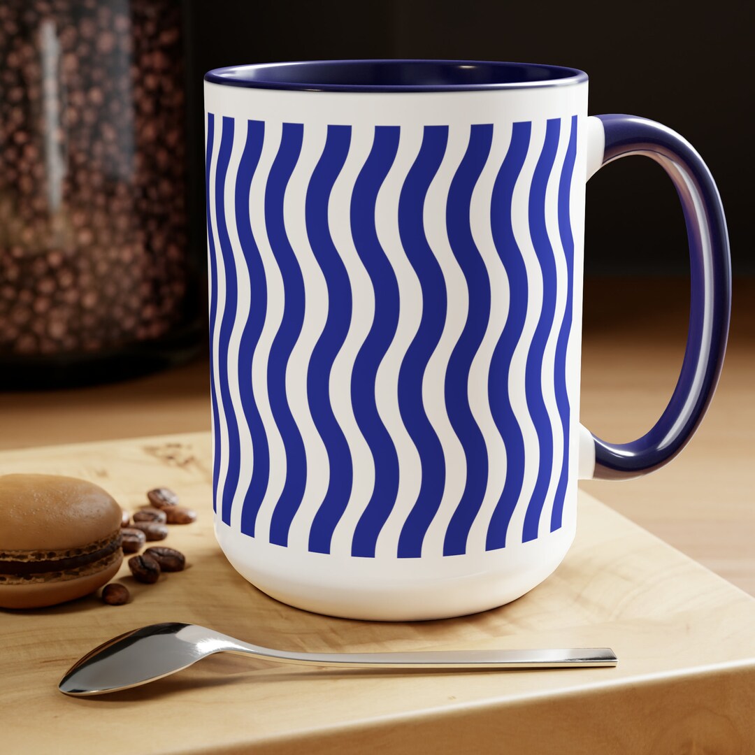Vintage Styled Blue and White Ceramic Mug 15oz Blue and White Striped ...