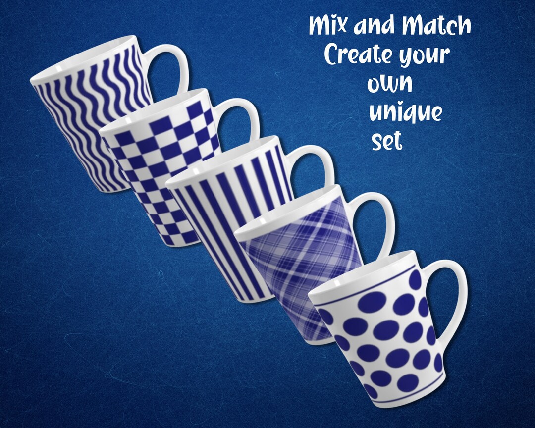 Vintage Styled Blue and White Plaid Ceramic Cup 12oz Blue White Cup Set ...