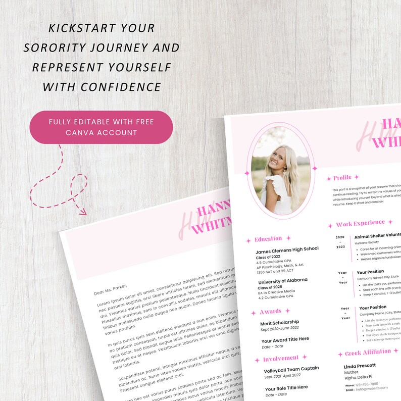 Sorority Resume Template | Pink Recruitment Resume | Bright Sorority ...