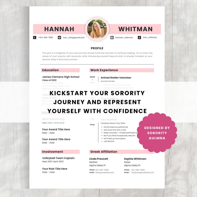 Sorority Resume Template | Pink Recruitment Resume | Minimal Sorority ...