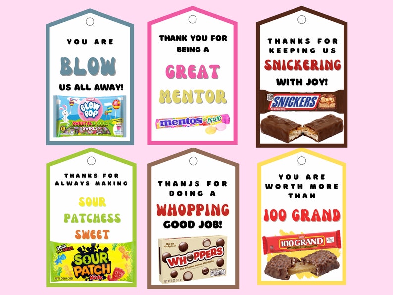 50 Appreciation Candy Bar Gift Tags Printable Candy Thank You - Etsy