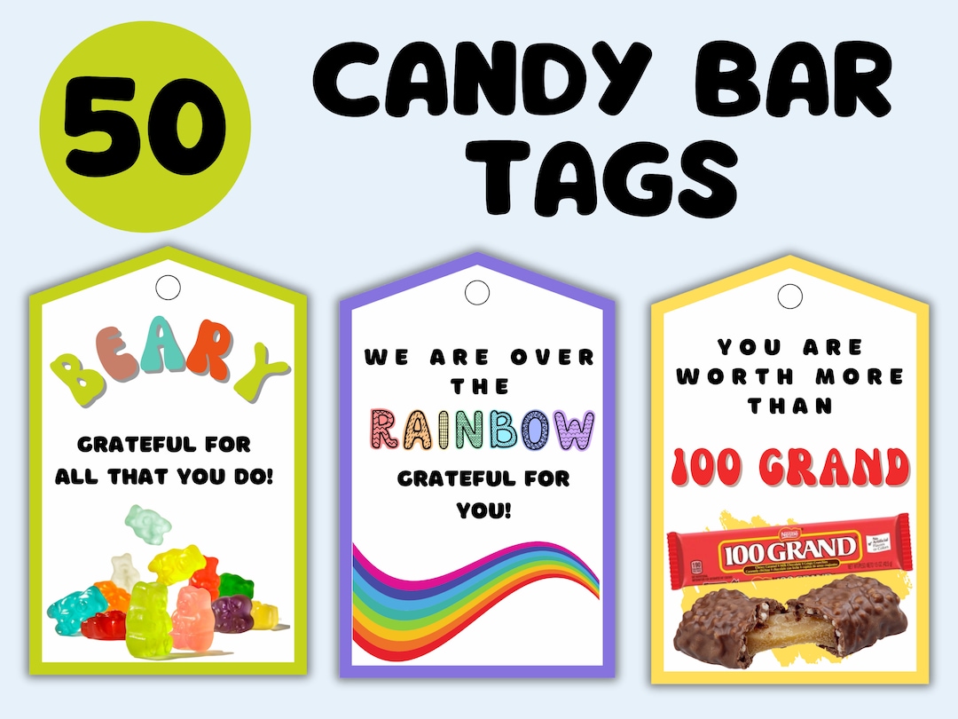 50 Appreciation Candy Bar Gift Tags, Printable Candy Thank You Gift ...