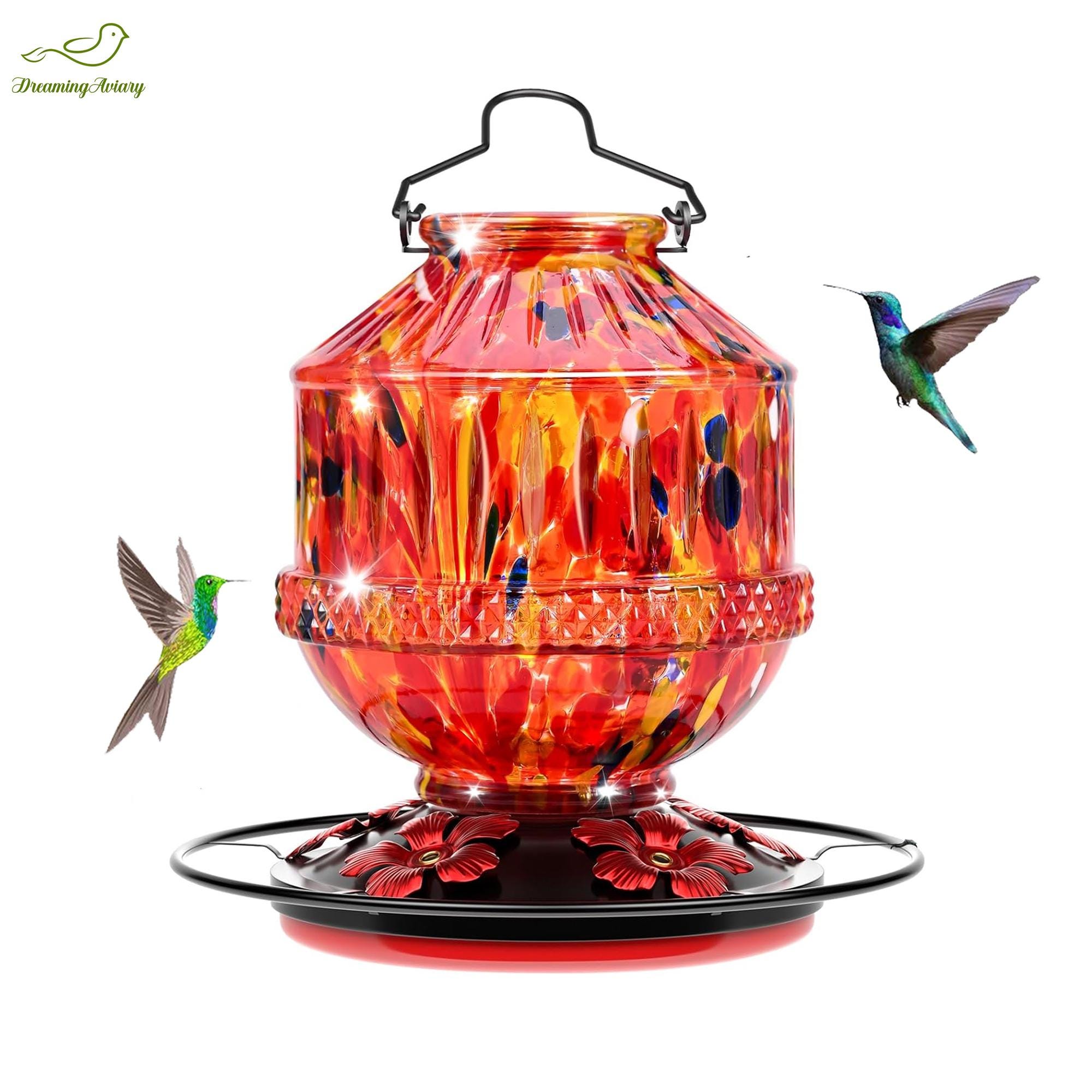Hand Blown Glass Hummingbird Feeder | Solar LED Lights & Ant Moat ...