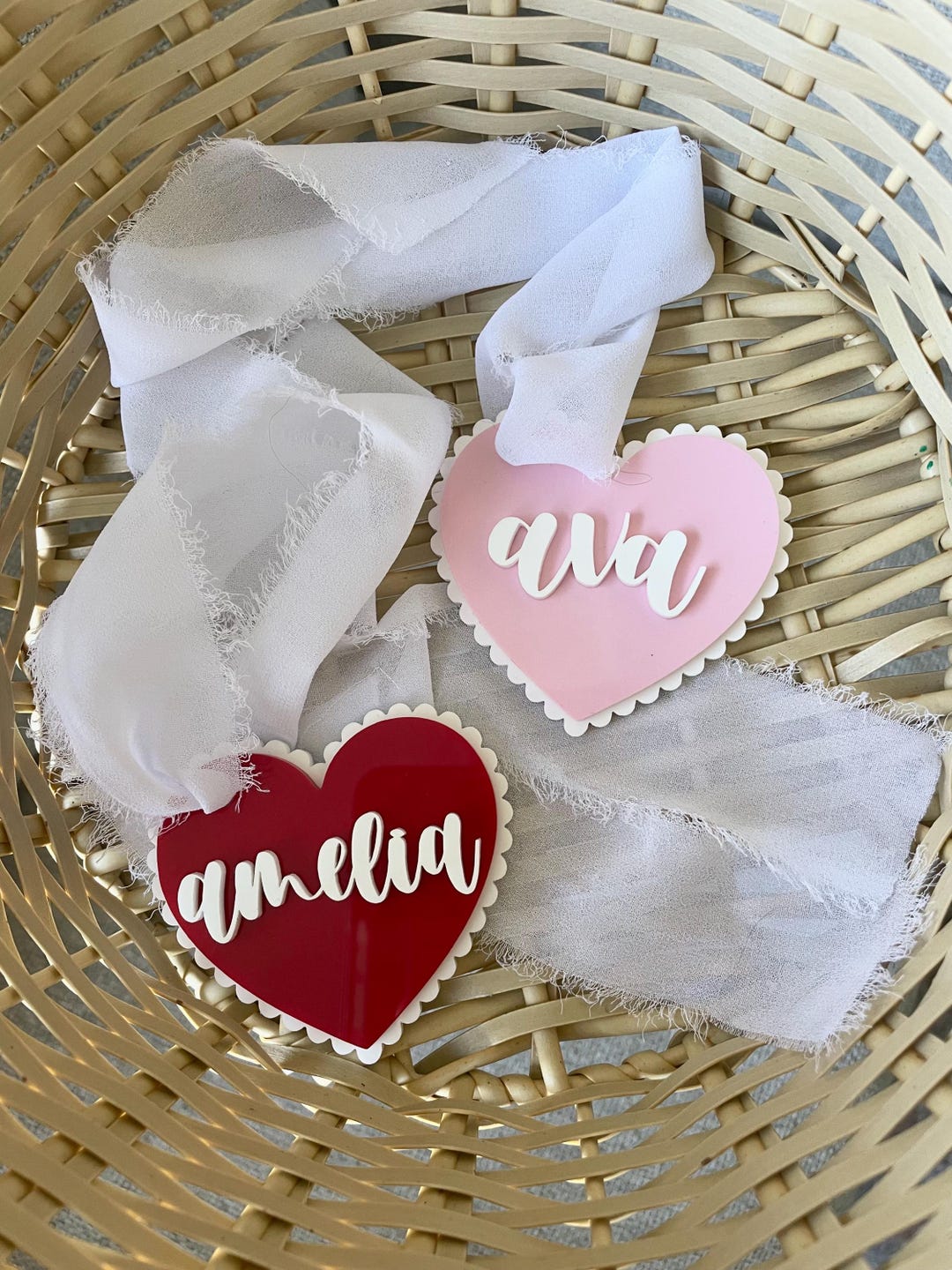 Personalized Acrylic Heart Name Tag: Scalloped Keychain, Bow Basket Tag ...