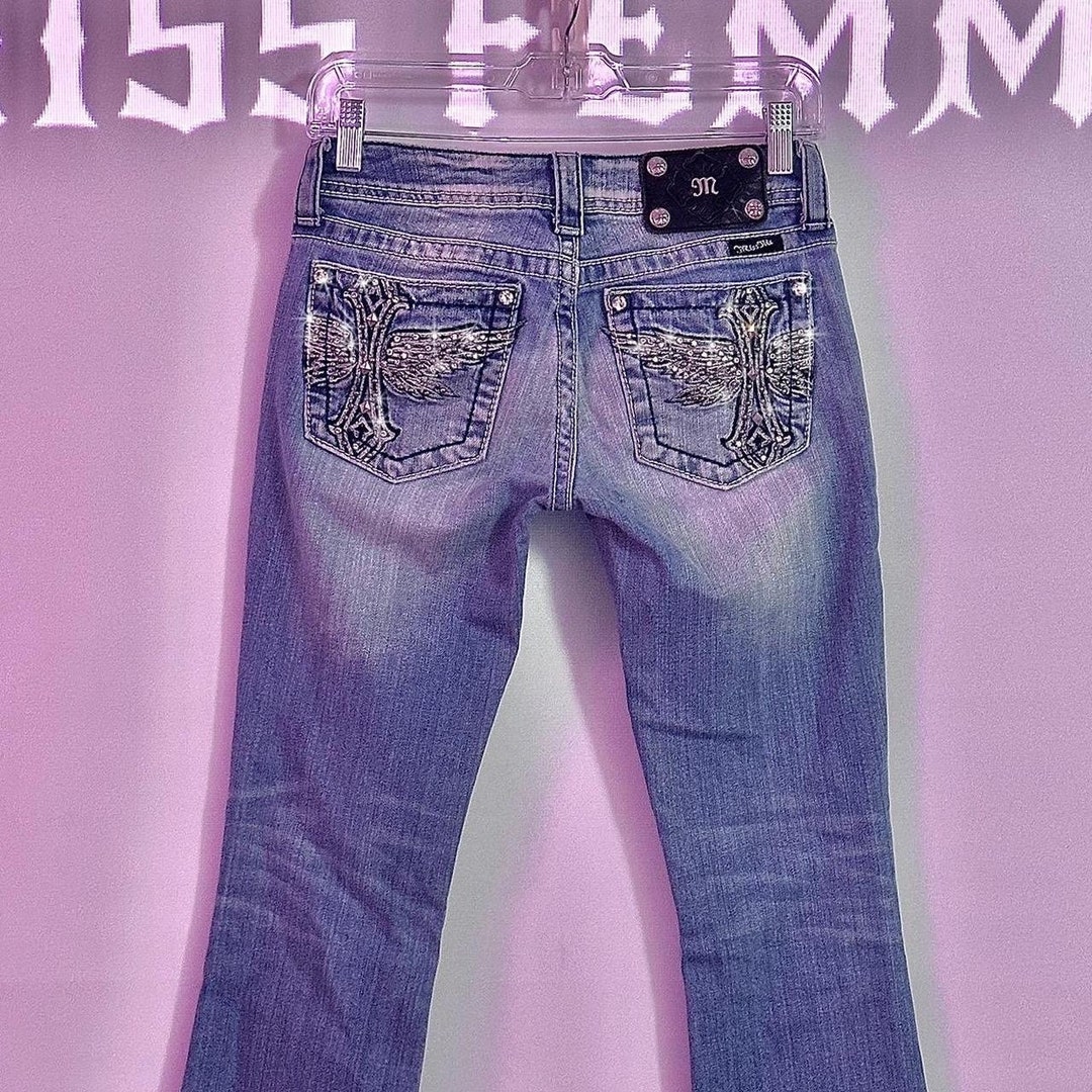 Miss Me 2000s Light Medium Wash Angel Wing Cross Embellished Low-rise ...