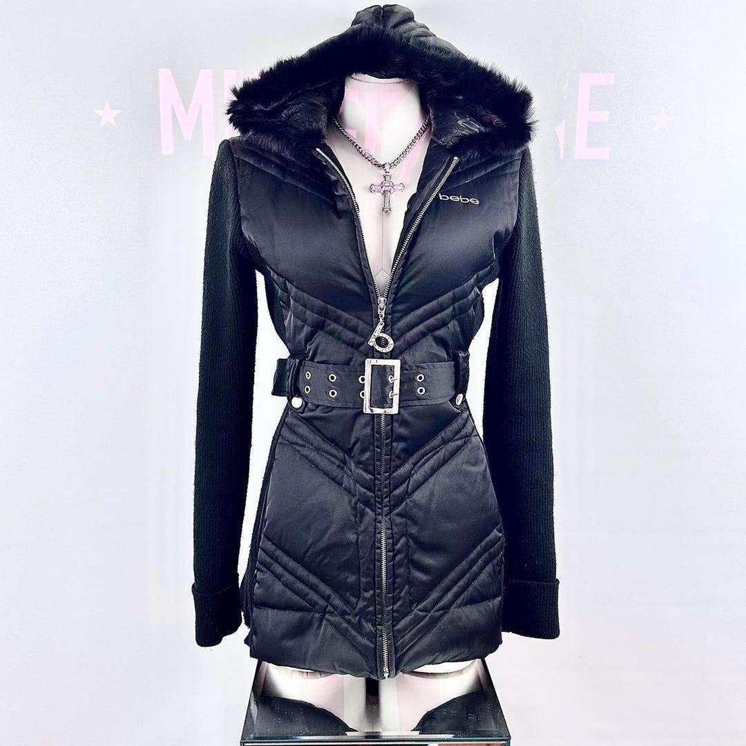 Bebe Black 2000s Puffer Fitted Jacket With a Rabbit Fur Hood. Rare ...