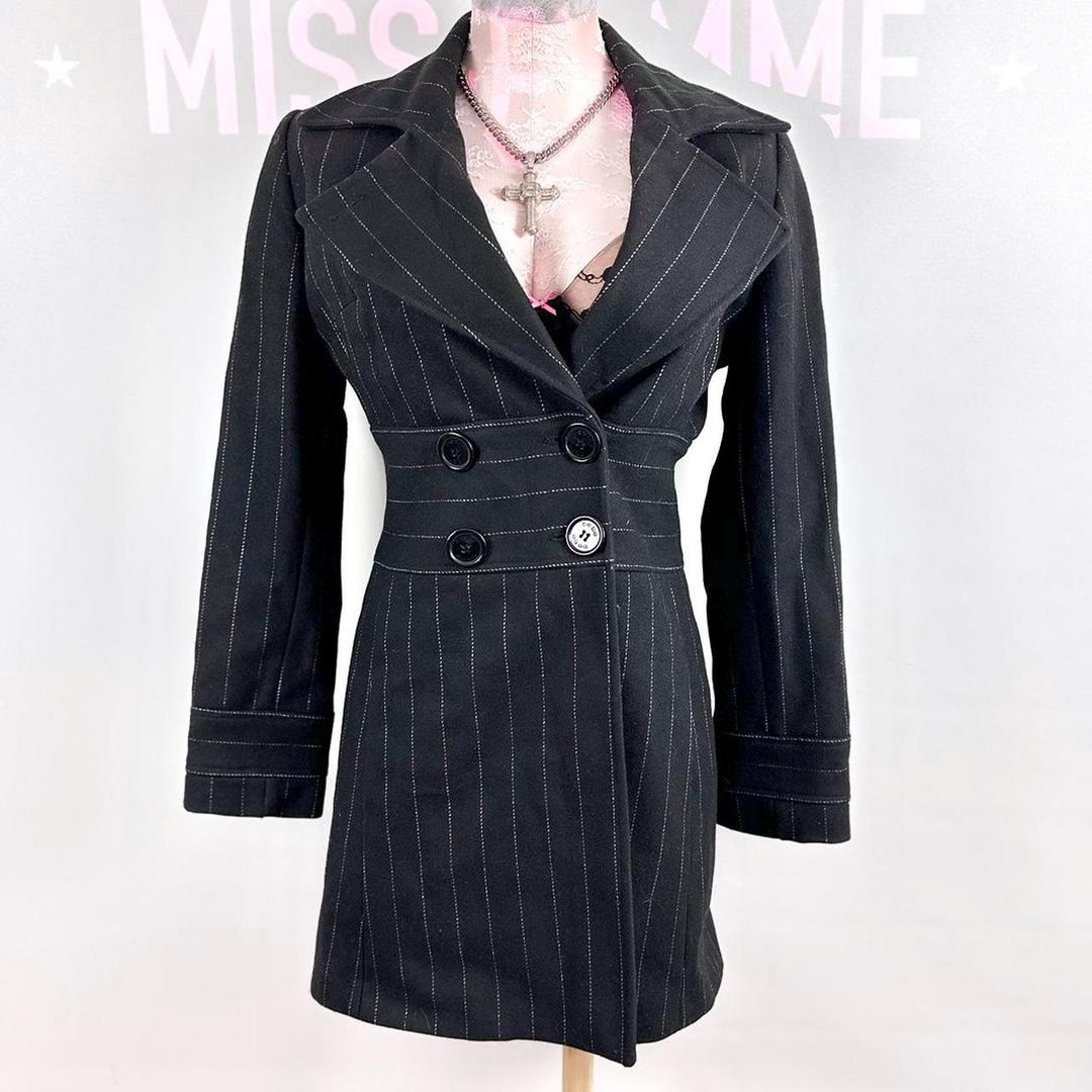 Bebe 2000’s Black Wool Blend Pinstriped Jacket. Flawless Fitted Grunge ...