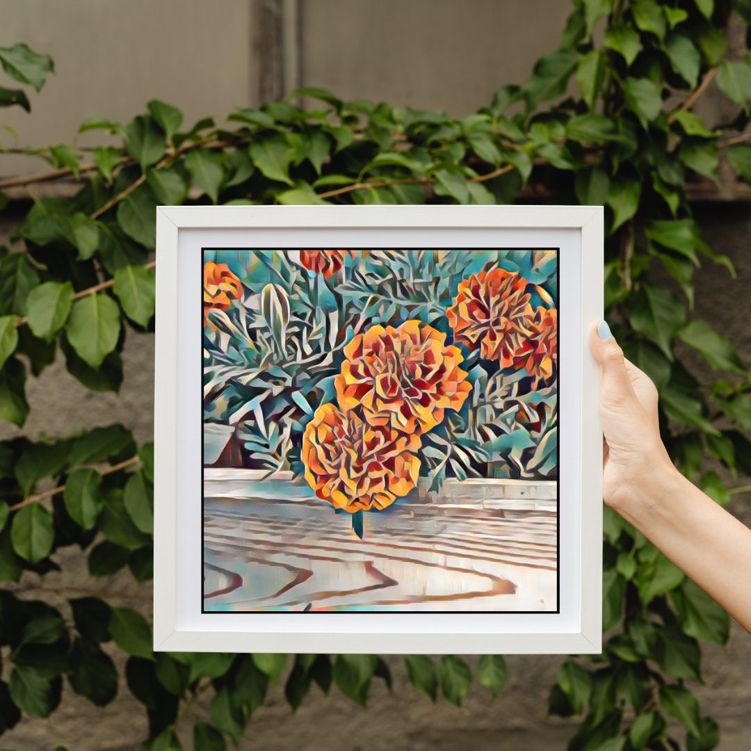 Abstract Art Printable of Orange Marigolds on Green and Brown ...
