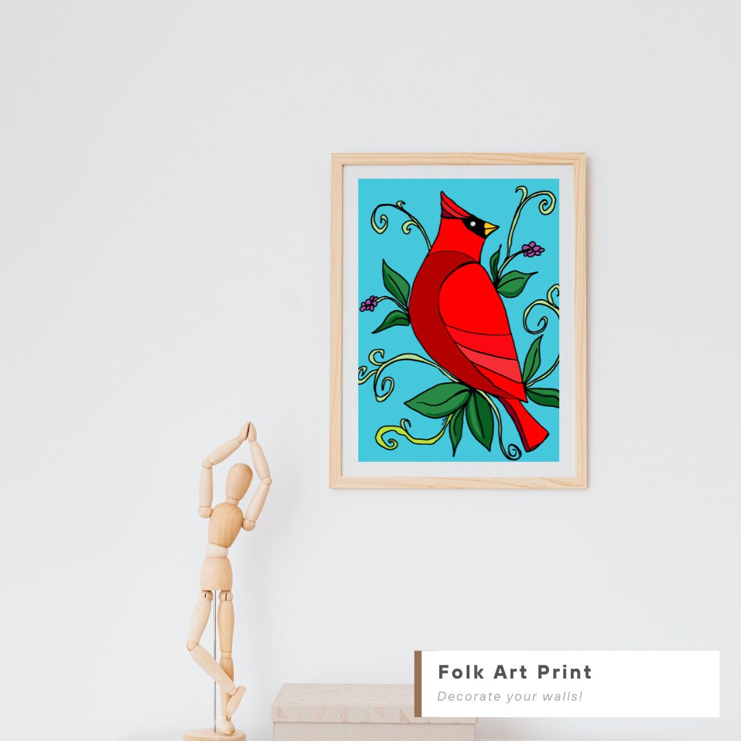 Primitive Art Red & Turquoise Cardinal Bird Folk-art Digital Painting ...