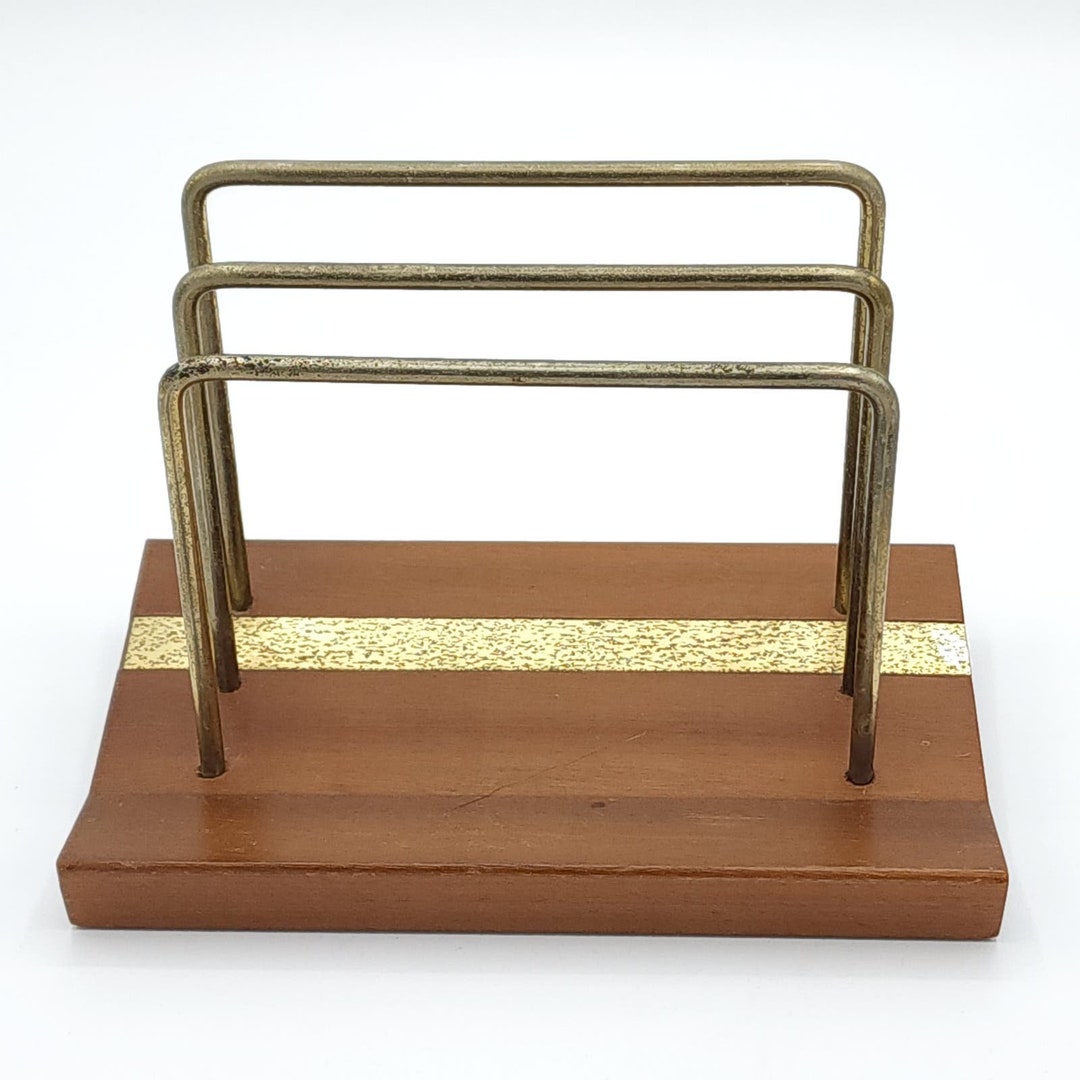Vintage MCM Wood and Metal Letter Holder for Office Desk Organization ...