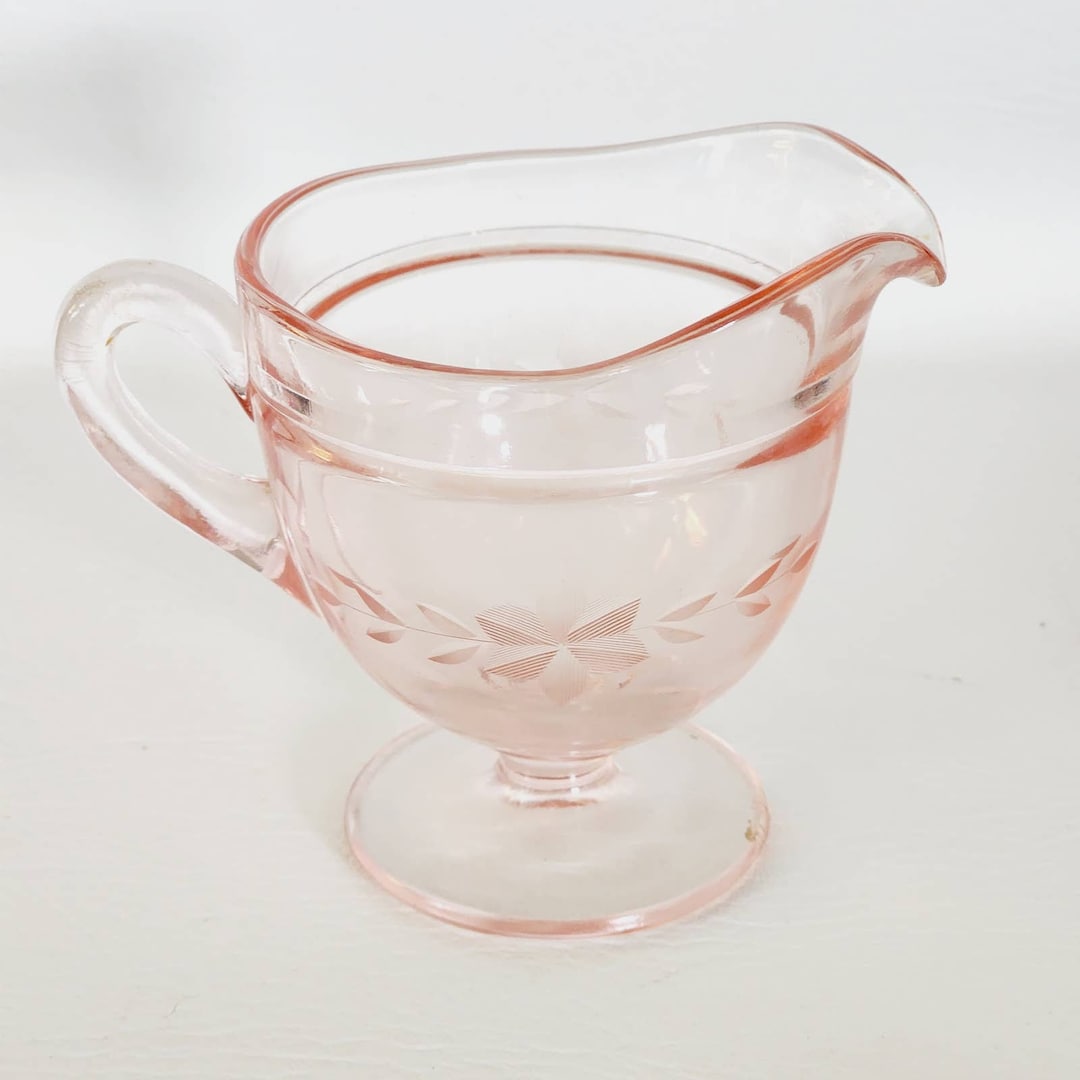 Vintage Footed Pink Depression Glass Creamer Pitcher Etched Daisy ...
