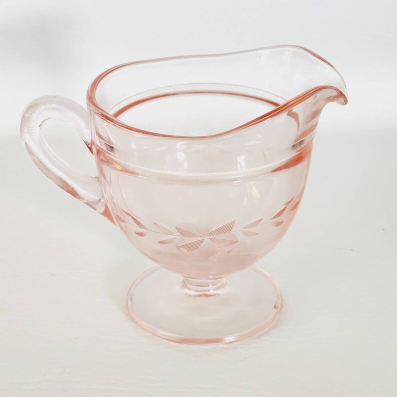 Vintage Footed Pink Depression Glass Creamer Pitcher Etched Daisy ...