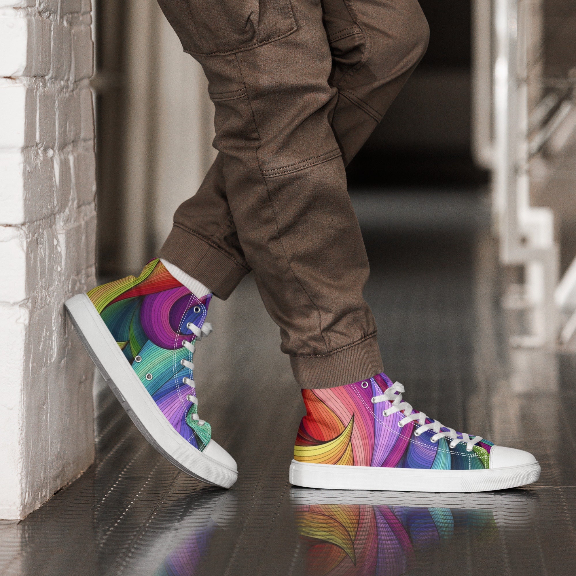 Men's Retro Rainbow High-tops, Bold Rainbow Kicks, Vintage Wavy Rainbow ...