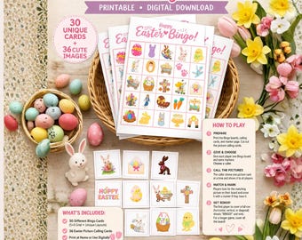 Easter Bingo Game Printable, 30 Unique Cards, 36 Calling Cards (digital ...