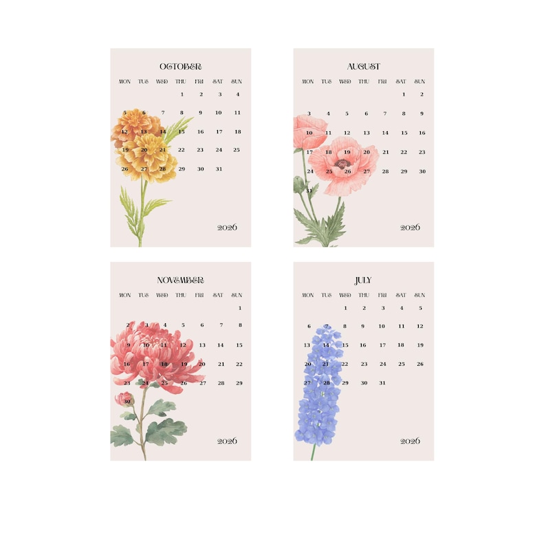 2026 Floral Calendar Printable | Birth Flower Month Theme | Elegant ...