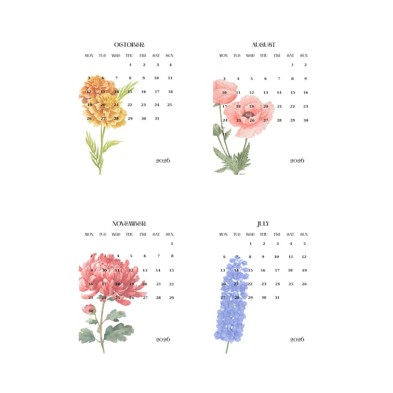 2026 Floral Calendar Printable | Birth Flower Month Theme | Elegant ...