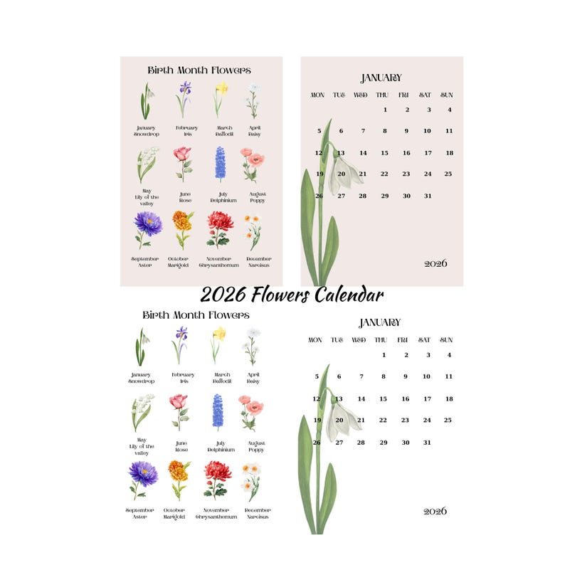 2026 Floral Calendar Printable | Birth Flower Month Theme | Elegant ...