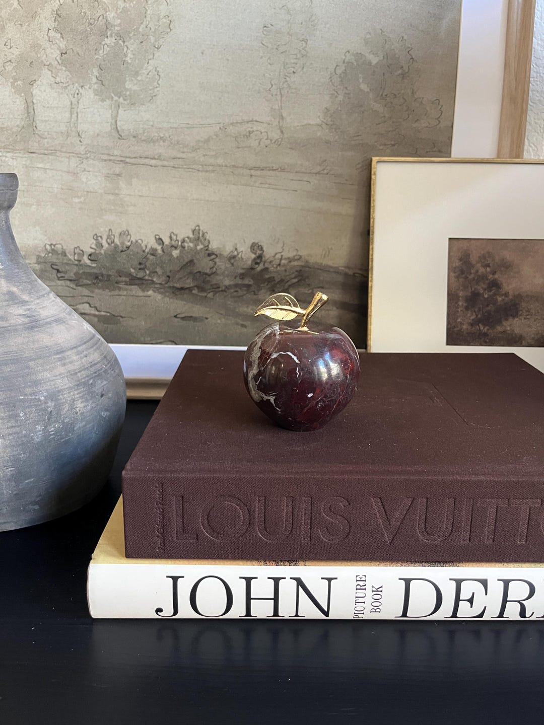 Vintage Stone Apple With Brass Stem Red Marble Alabaster Figurine Paper ...