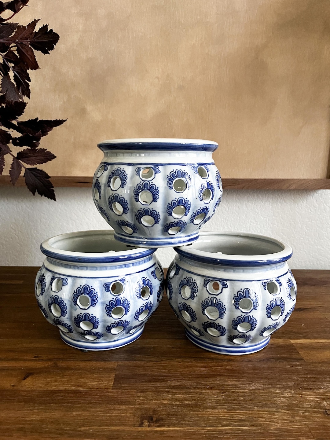 Vintage Blue and White Reticulated Porcelain Vessel - Etsy