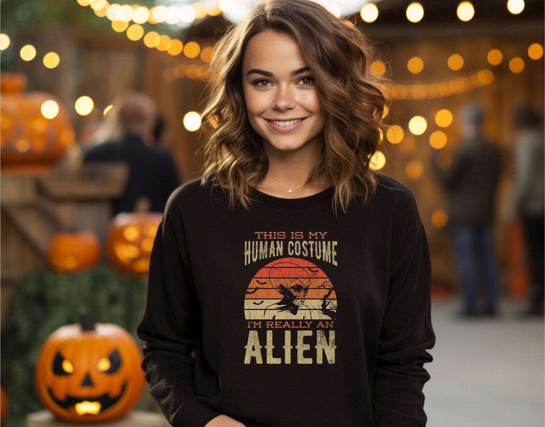 Vintage Halloween Sweatshirt - Halloween Human Costume Alien - Human ...