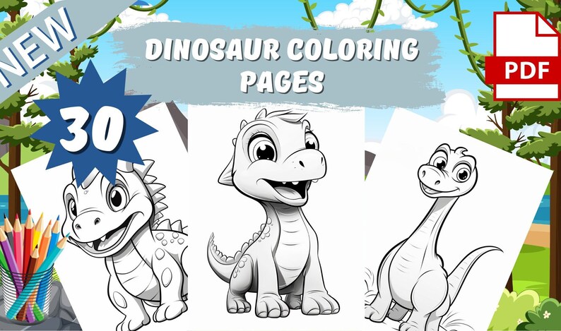 30 Dinosaur Coloring Pages | Digital PDF File | Instant Download ...