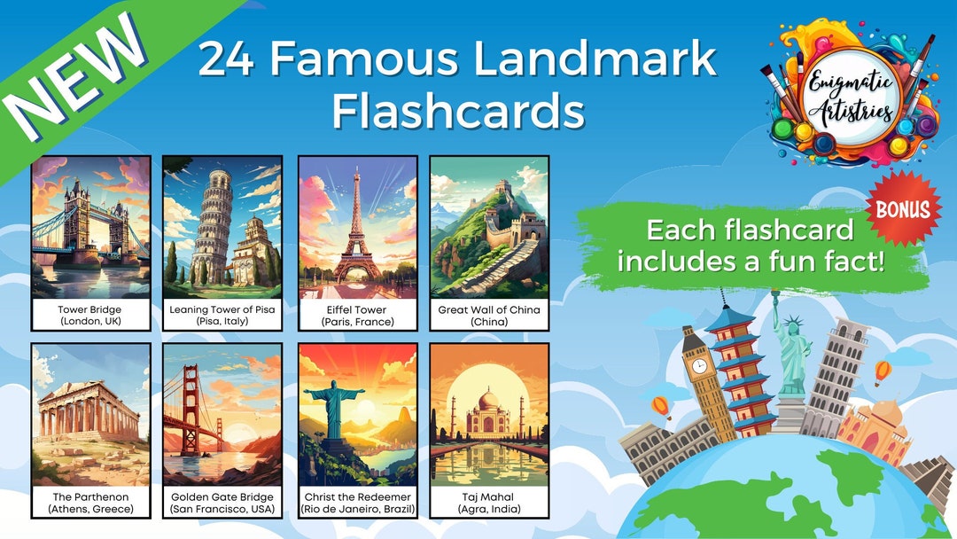 Fun and Illustrated World Wonders: 24 Famous Landmark Flashcards ...