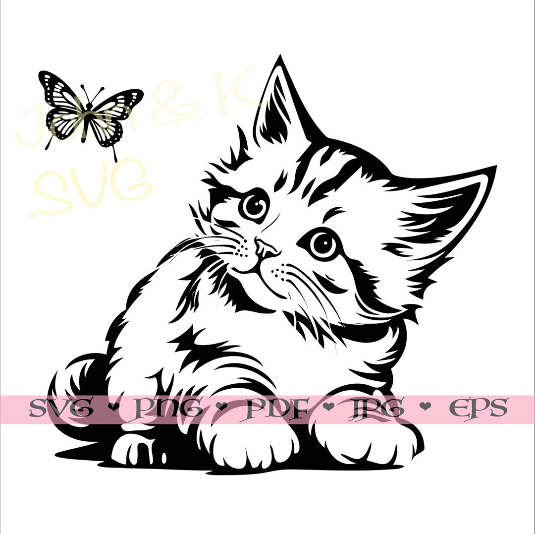Kitten Svg, Kitten With Butterfly Svg, Cat Svg for Fleece, Shirt, Towel ...