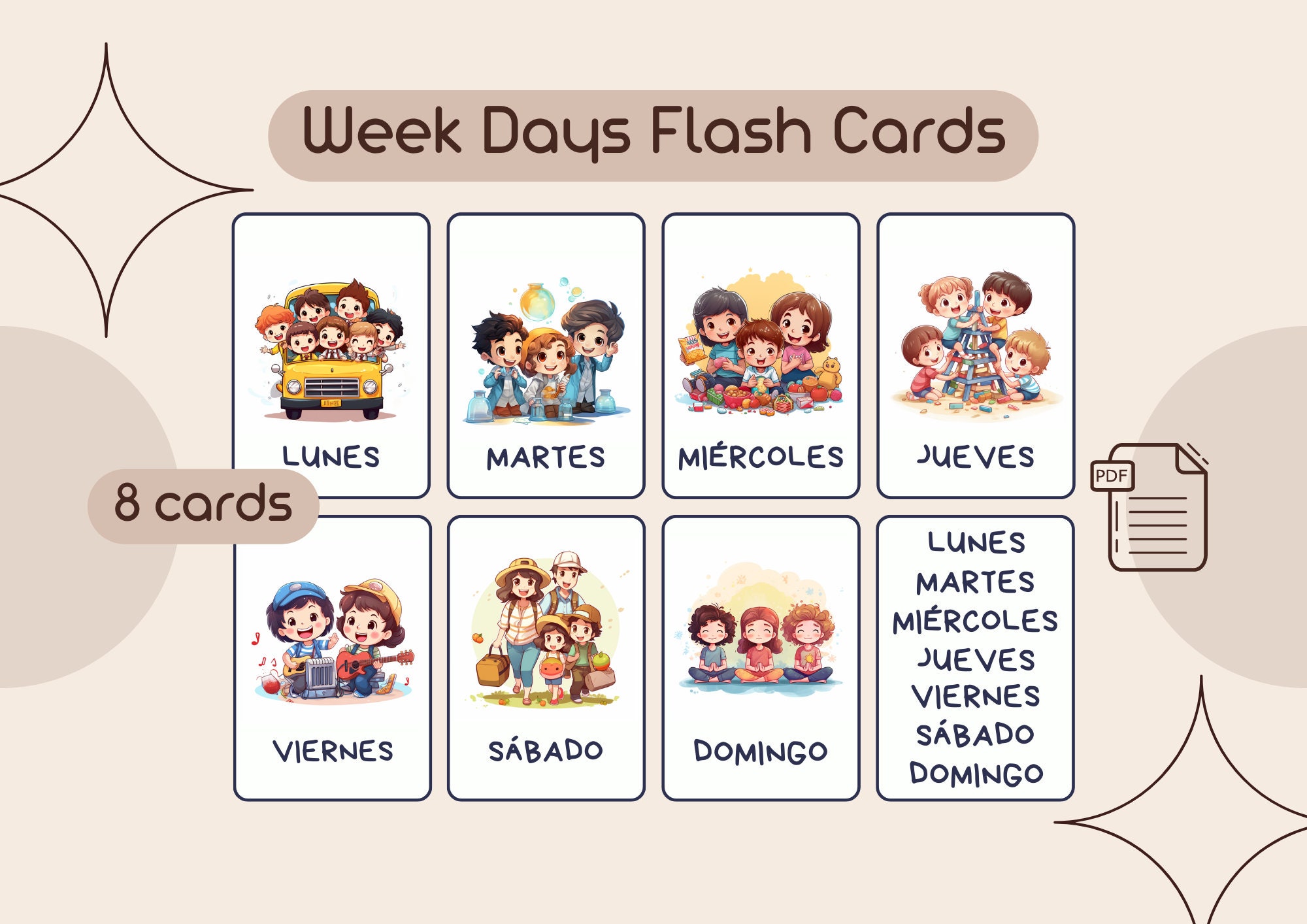 Days of the Week Cards SPANISH LANGUAGE 8 Montessori Cards Educational ...