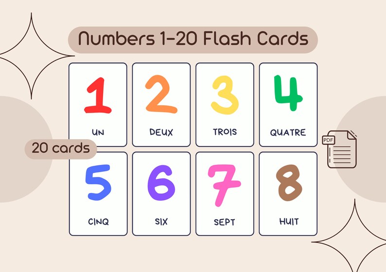 Numbers 1-20 Cards FRENCH LANGUAGE 20 Montessori Cards Educational ...