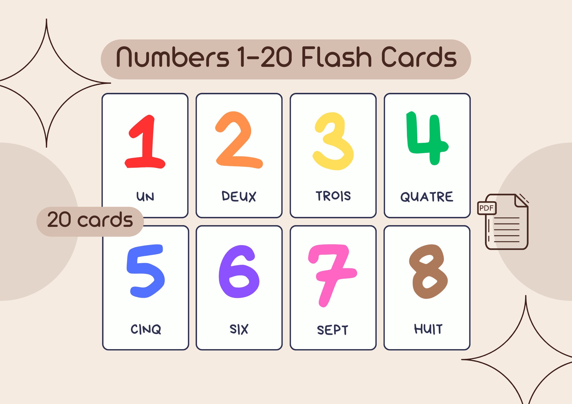 Numbers 1-20 Cards FRENCH LANGUAGE 20 Montessori Cards Educational ...