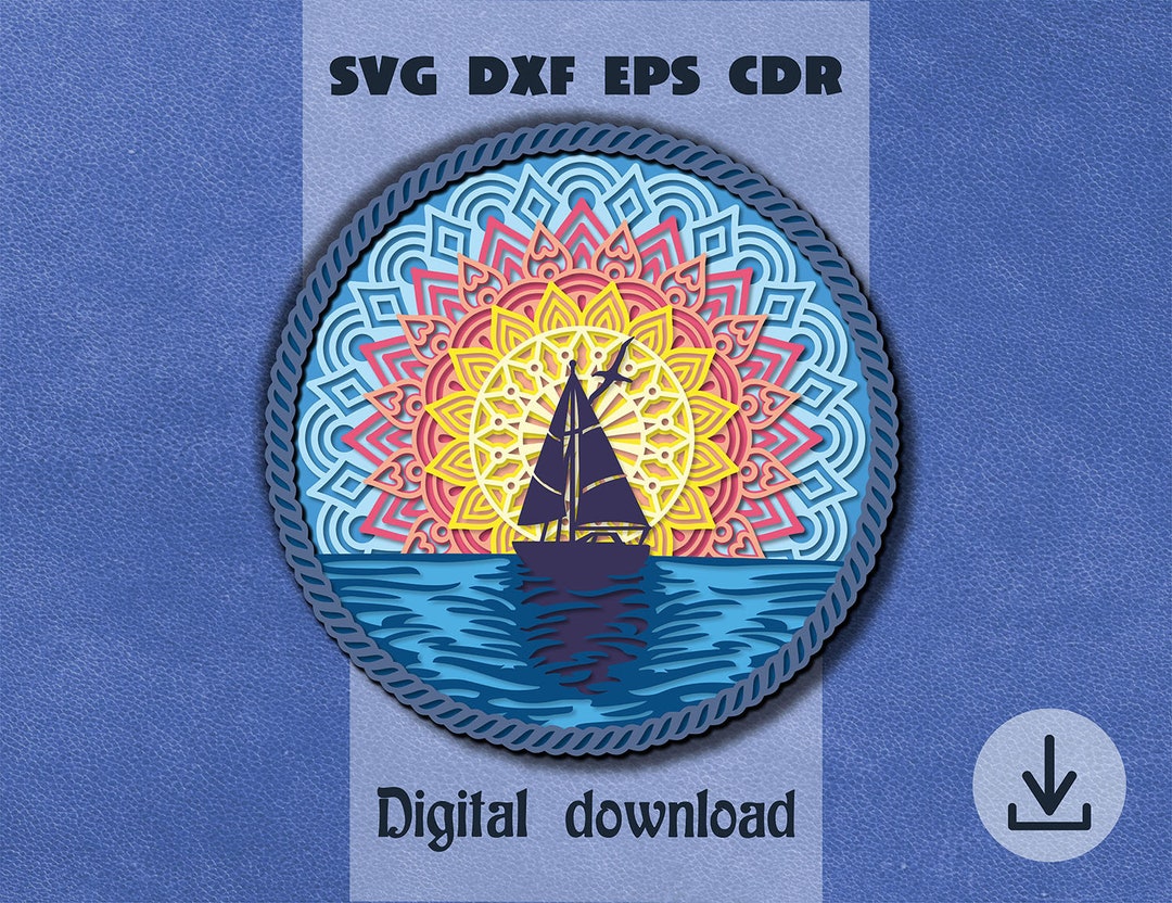 Sea Sunrise Layered Mandala Svg Boat on the Ocean Waves Svg Layered Sea ...