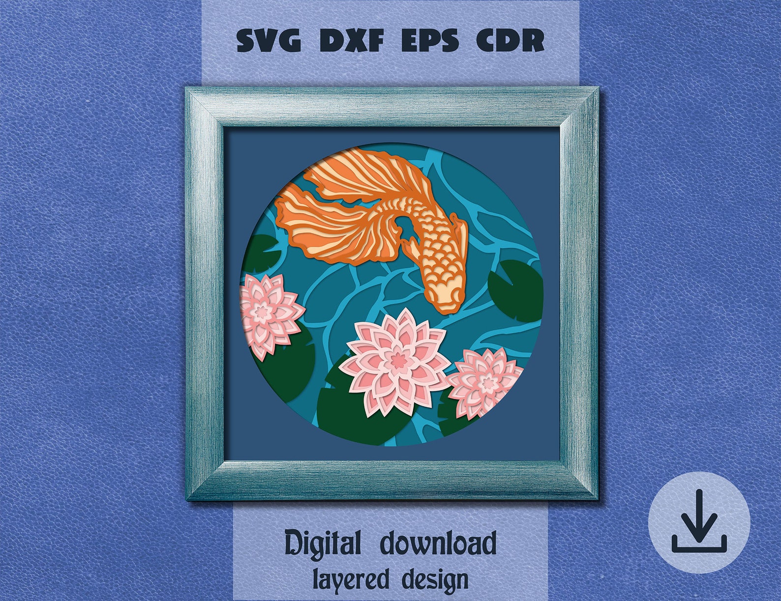 Layered Fish in Pond With Lotus Svg Water Lily Svg Golden Koi Fish Svg ...