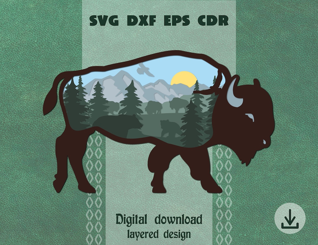 Layered Bison Svg Buffalo Laser Cut Layered Mountains Svg 3d Bison Svg ...